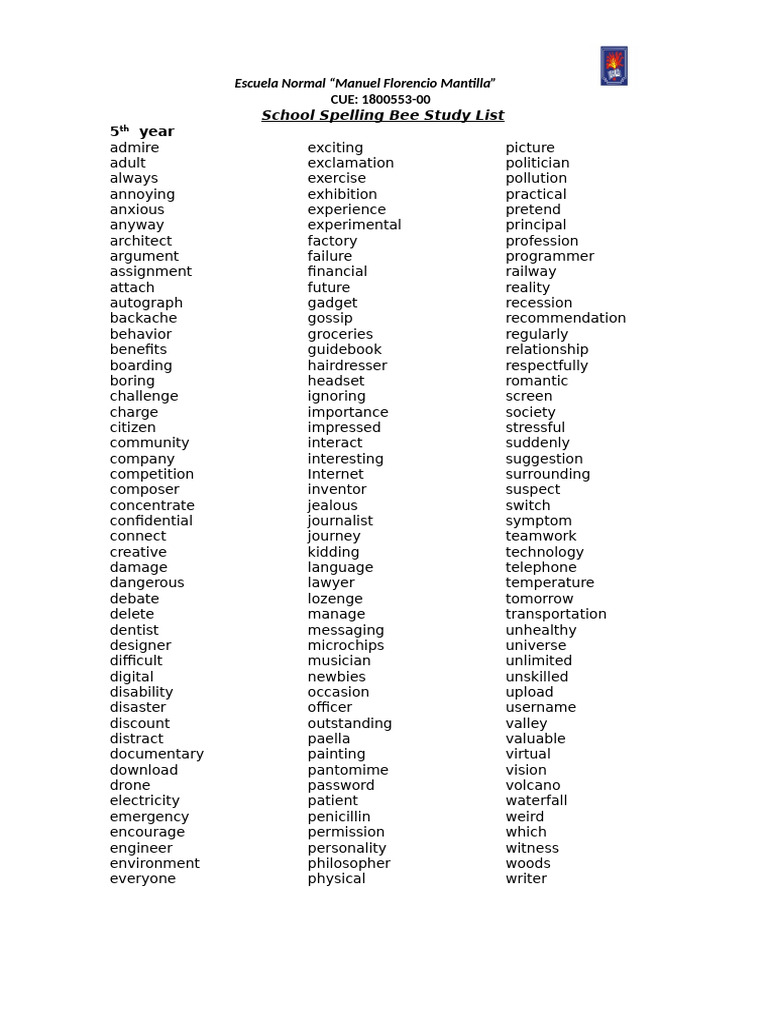 School Spelling Bee Study List Ciclo Orientado 2025 | PDF