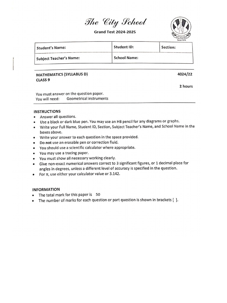 Olevel Math Grand Test | PDF