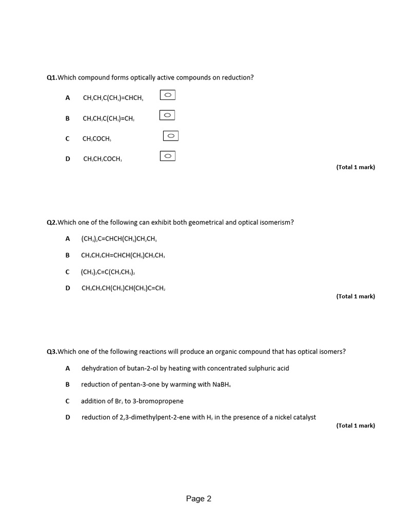 Optical Isomerism (Multiple Choice) QP | PDF | Sulfuric Acid | Isomer