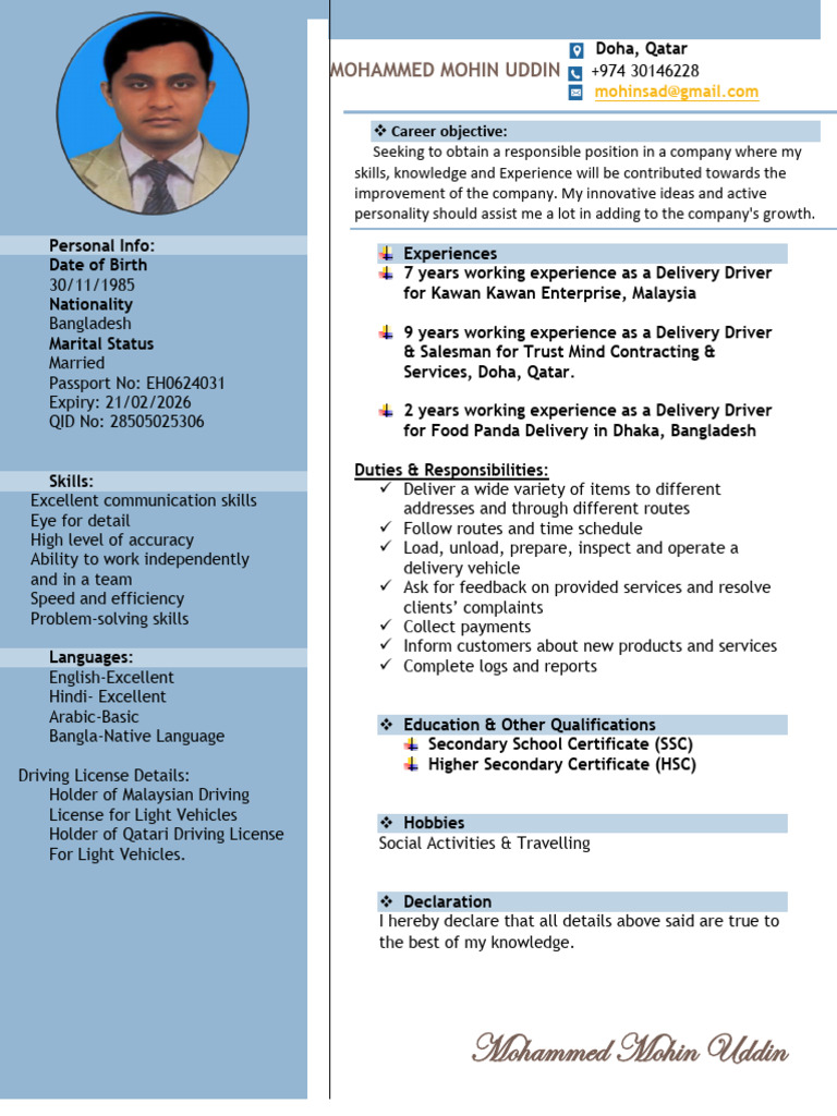 Mohammed Mohin Uddin - Cv-Special Form | PDF