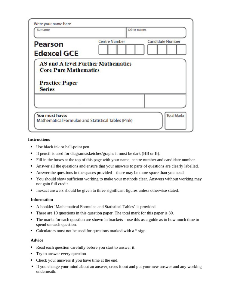AS Further Mathematics - Practice Paper - Core Pure - Series | PDF ...