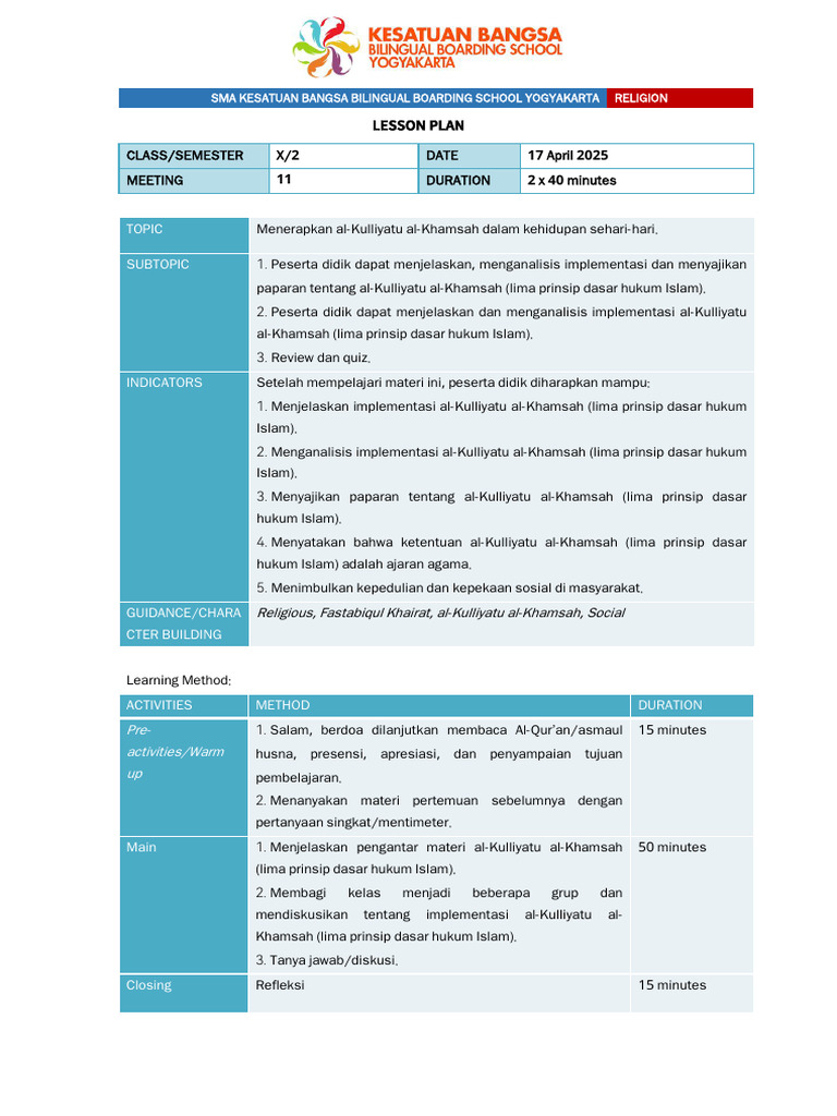 Lesson Plan PAI Kelas X Pertemuan 11 Genp | PDF