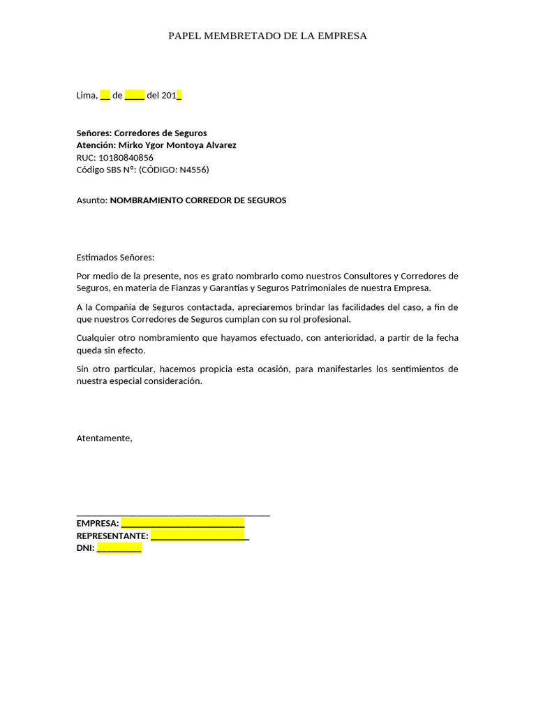 Carta Nombramiento Corredor de Seguros | PDF
