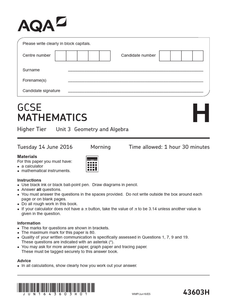 AQA - Jun 2014 , Paper 3 , Higher (PDF) | PDF | Area | Mathematics