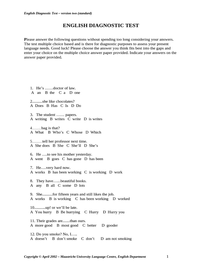 English Test Diagnostic Level | PDF | Language Mechanics | Linguistic ...