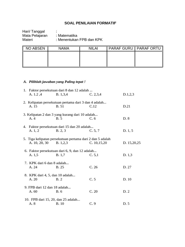 Contoh Soal FPB dan KPK Matematika | PDF
