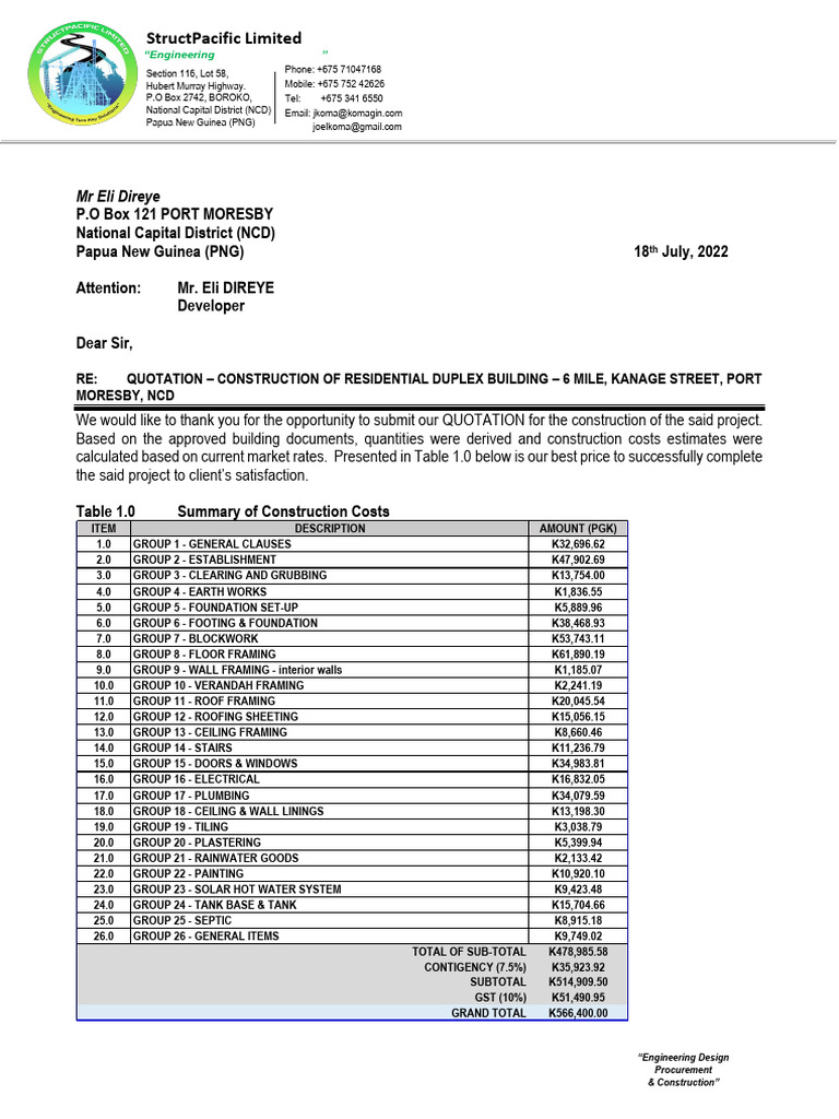 Quotation of Construction - Residential Duplex Building - 6 Mile-Kanage ...
