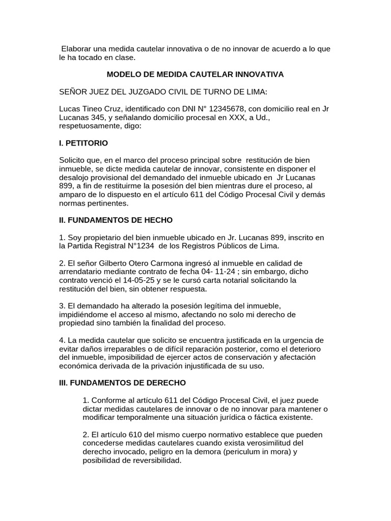Medida Cautelar de Innovar en Desalojo | PDF | Mandato | Ley Pública
