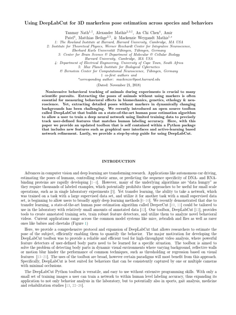 DeepLabCut for 3D Pose Estimation | PDF | Computer Vision | Deep Learning
