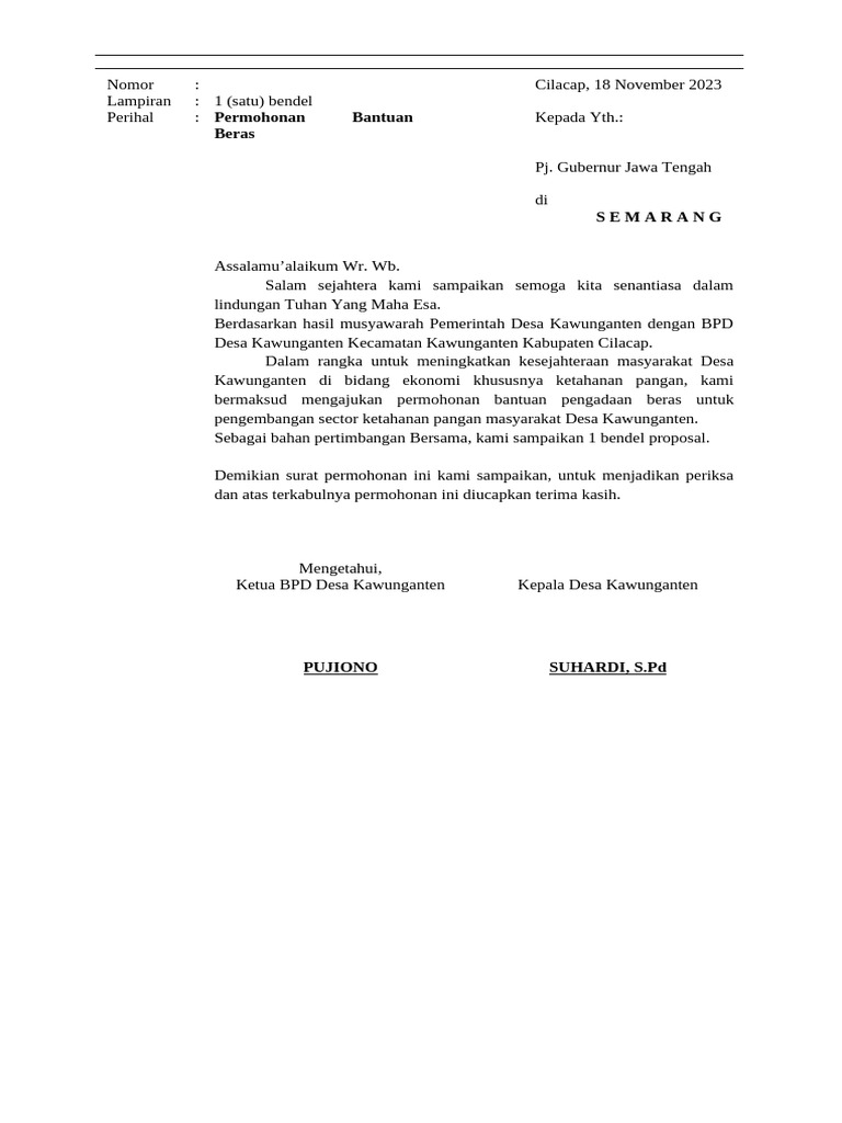 Permohonan Bantuan Beras Desa Kawunganten | PDF