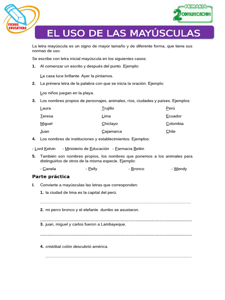 Ejercicios de Uso de Mayúsculas para Primaria | PDF | Caso de carta
