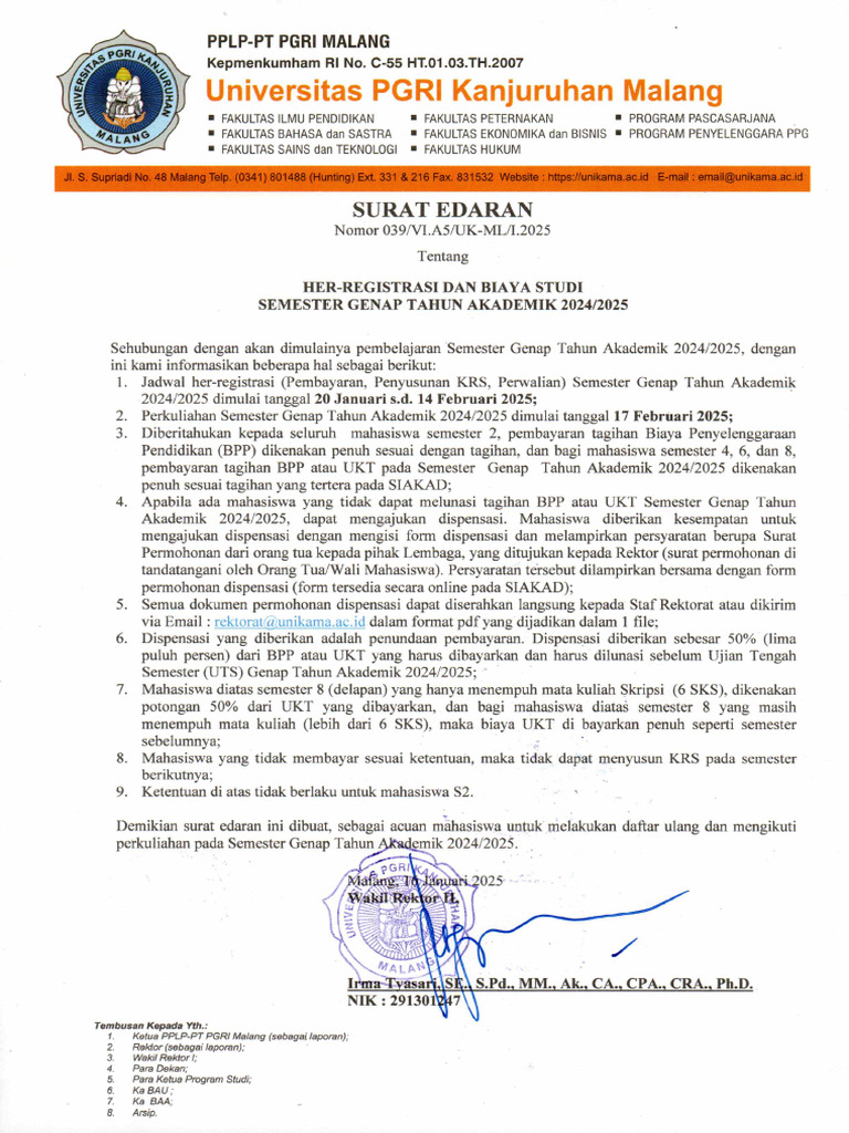 039 Surat Edaran HerRegistrasi Dan Biaya Studi Genap 2024-2025 | PDF