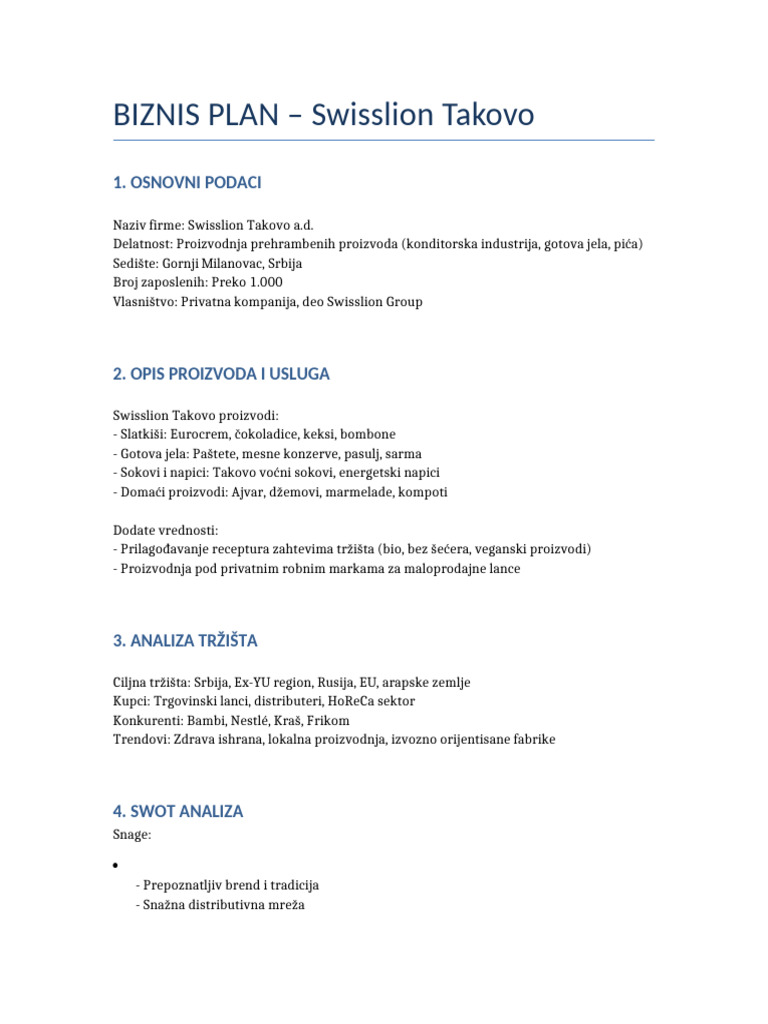 Biznis Plan Swisslion Takovo | PDF