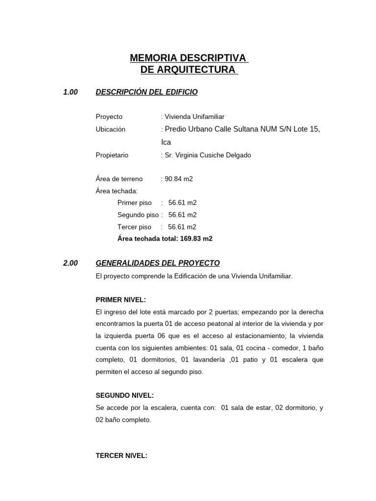 Memoria Descriptiva Arquitectura Virginia Vivienda | PDF