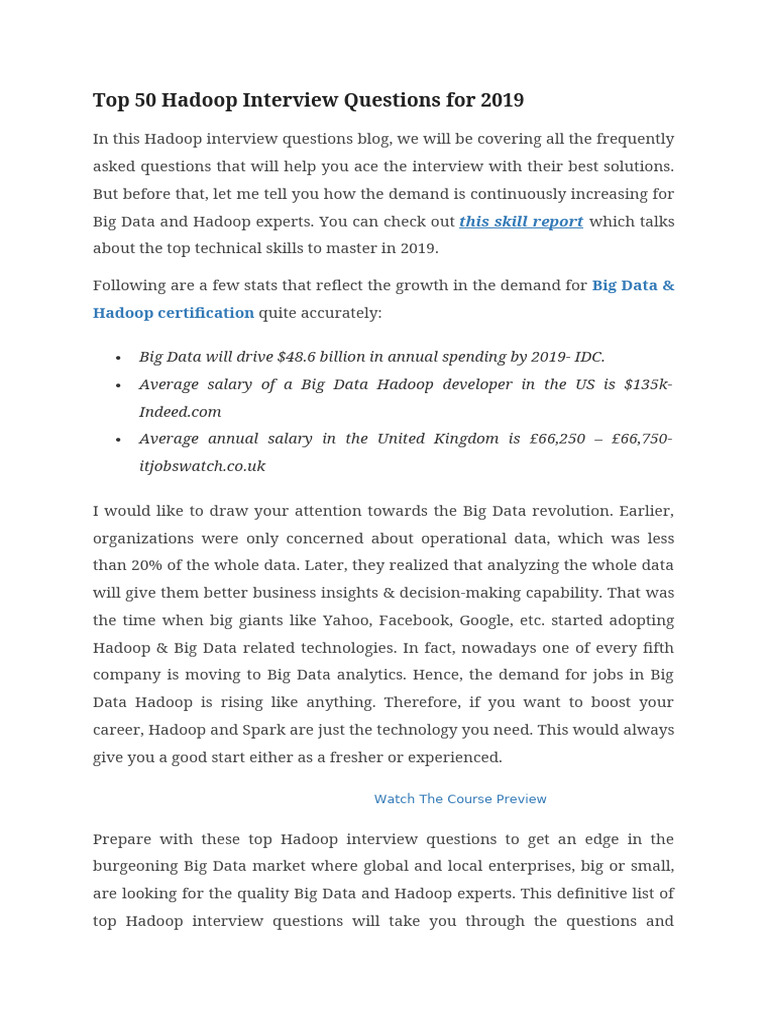 Top 50 Hadoop Interview Questions For 2019 | PDF | Apache Hadoop | Map Reduce