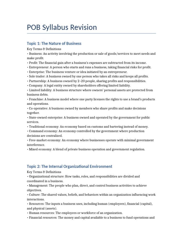 POB Syllabus Revision topics | PDF | Business | Economic Growth