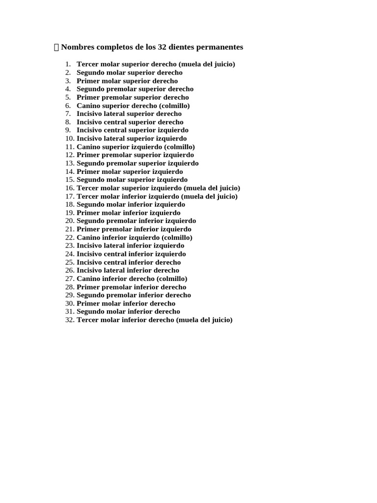 ? Nombres Completos de Los 32 Dientes Permanentes | PDF
