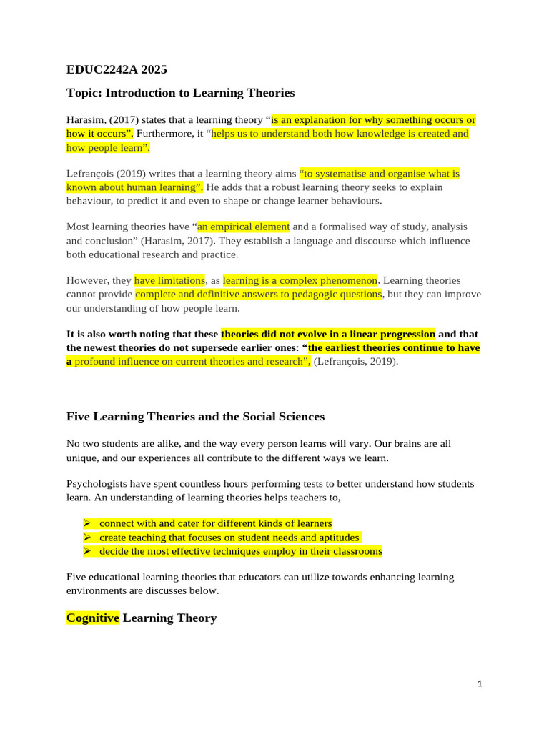 Introductionto Learning Theories | PDF | Learning Theory (Education ...