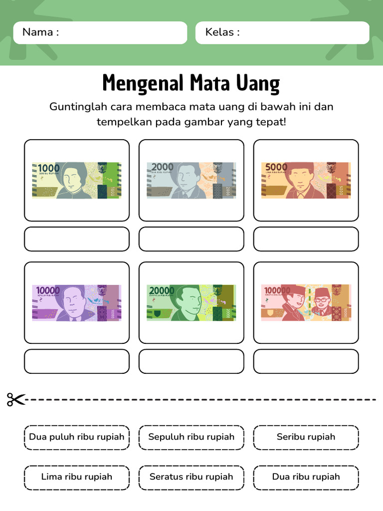 Mengenal Mata Uang Lembar Kerja Matematika Hijau Sederhana Ilustratif | PDF