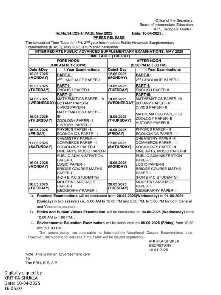 Ap Intermediate Supplimentary Timetable 2025 | PDF
