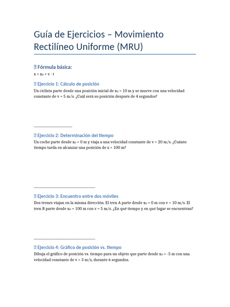 Guía MRU Ejercicios Sin Respuestas | PDF