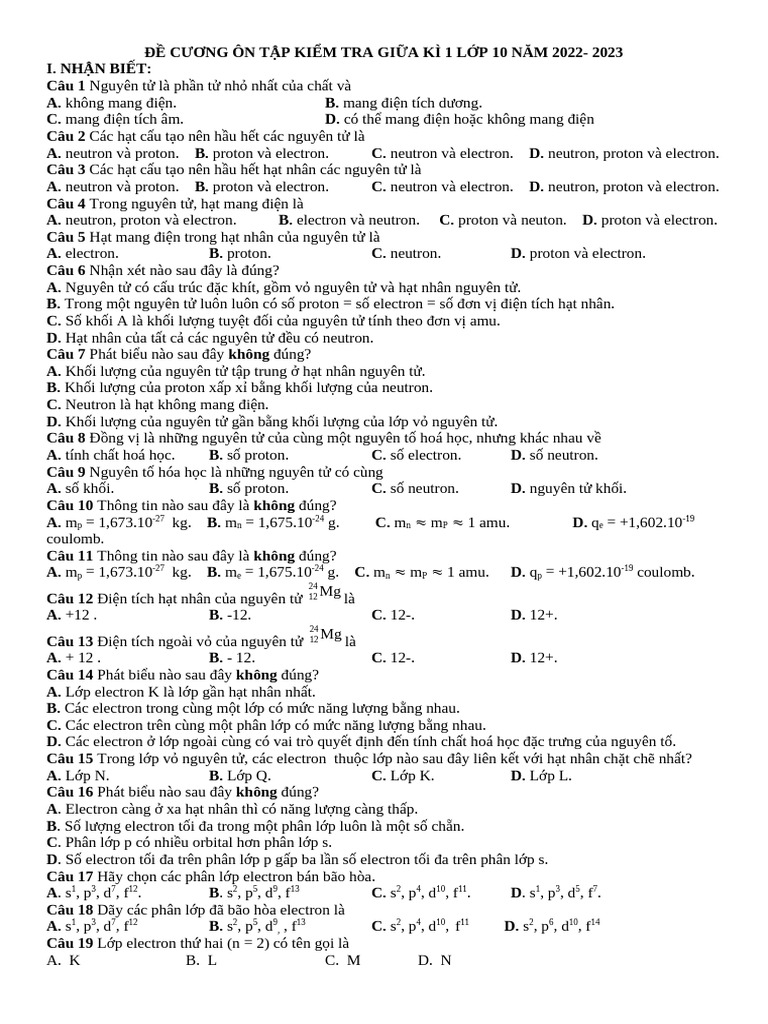 De Cuong On Tap GK 10 2022 | PDF