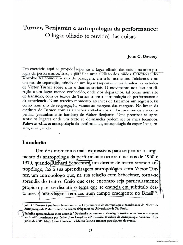 Turner, Benjamin e Antropologia Da Performanceo Lugar Olhado (E Ouvido) Das Coisas. | PDF