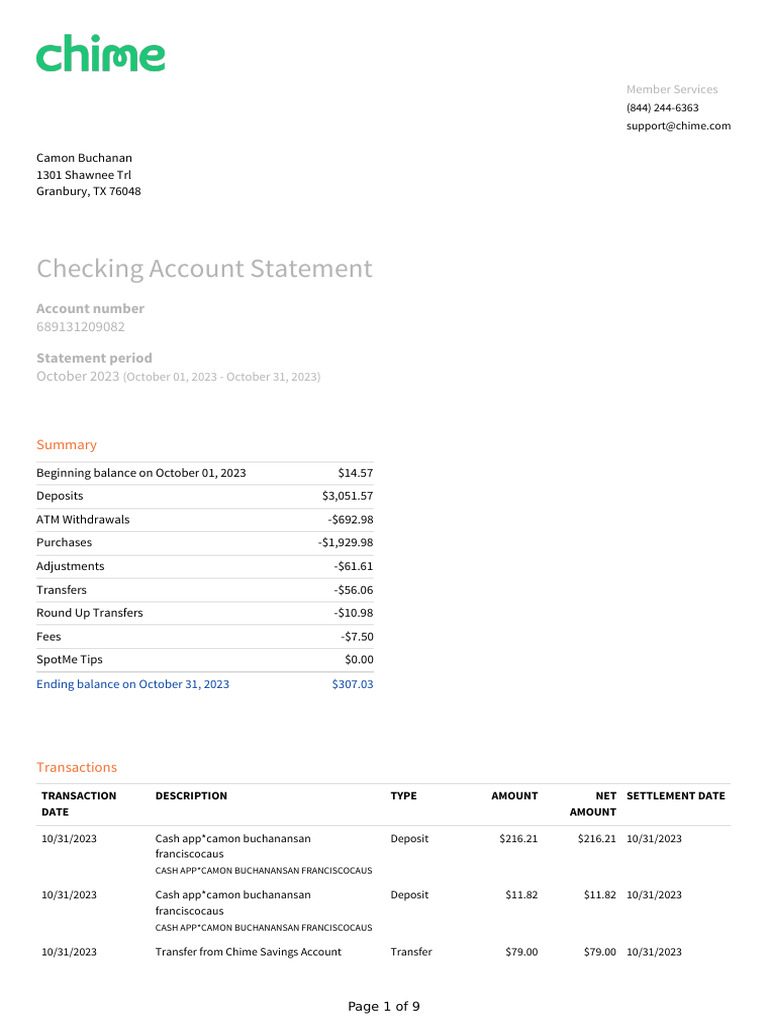 Chime Account Statement - October 2023 | PDF | Transaction Account | Cash