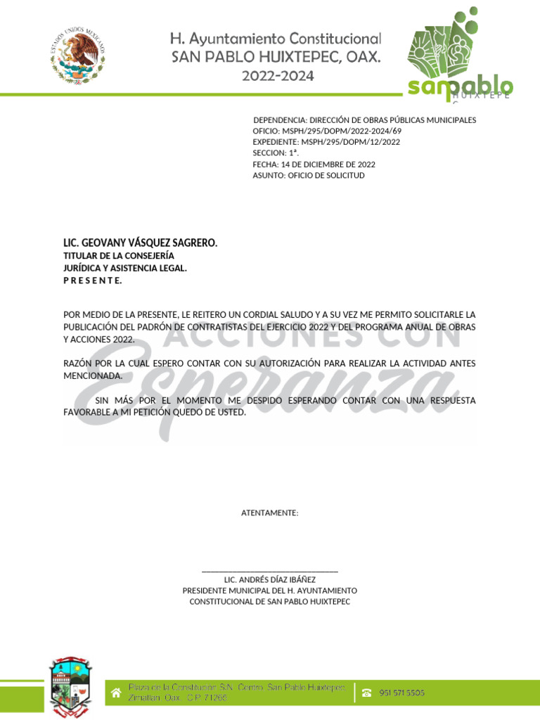 Oficio de Solicitud para Publicar en Periodico Oficial | PDF