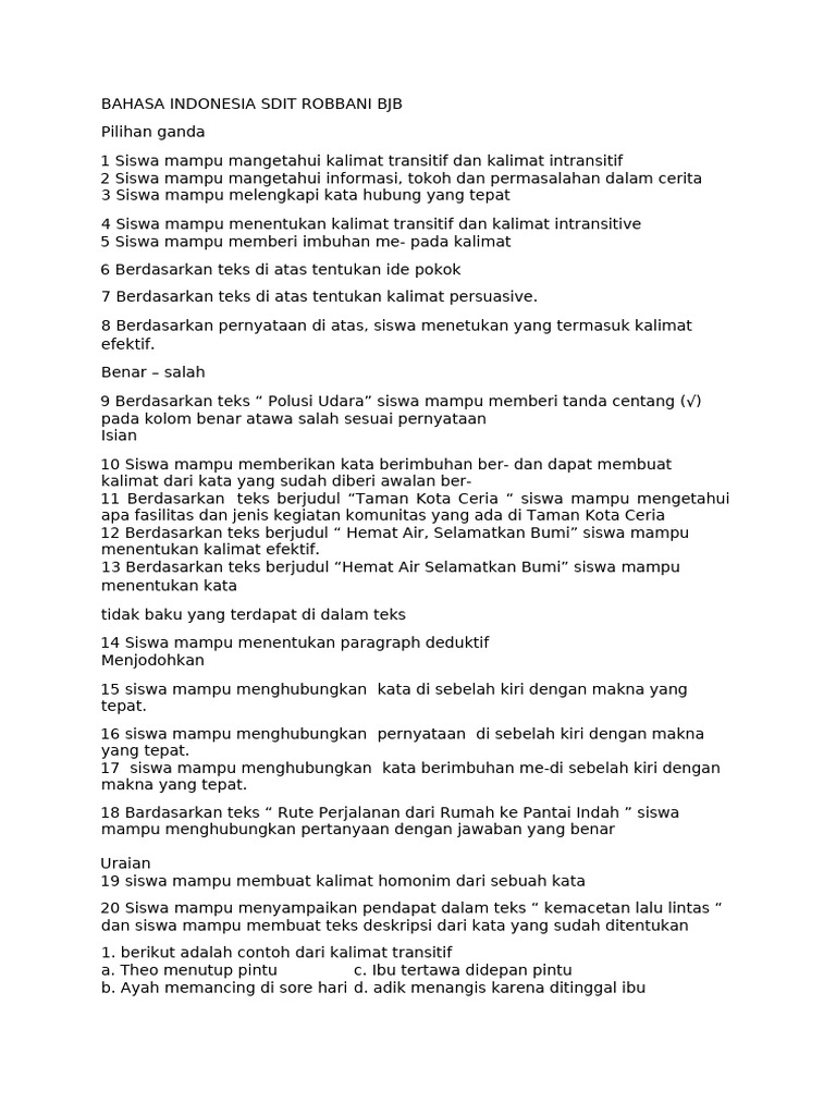 BAHASA INDONESIA SDIT ROBBANI BJB Fix | PDF
