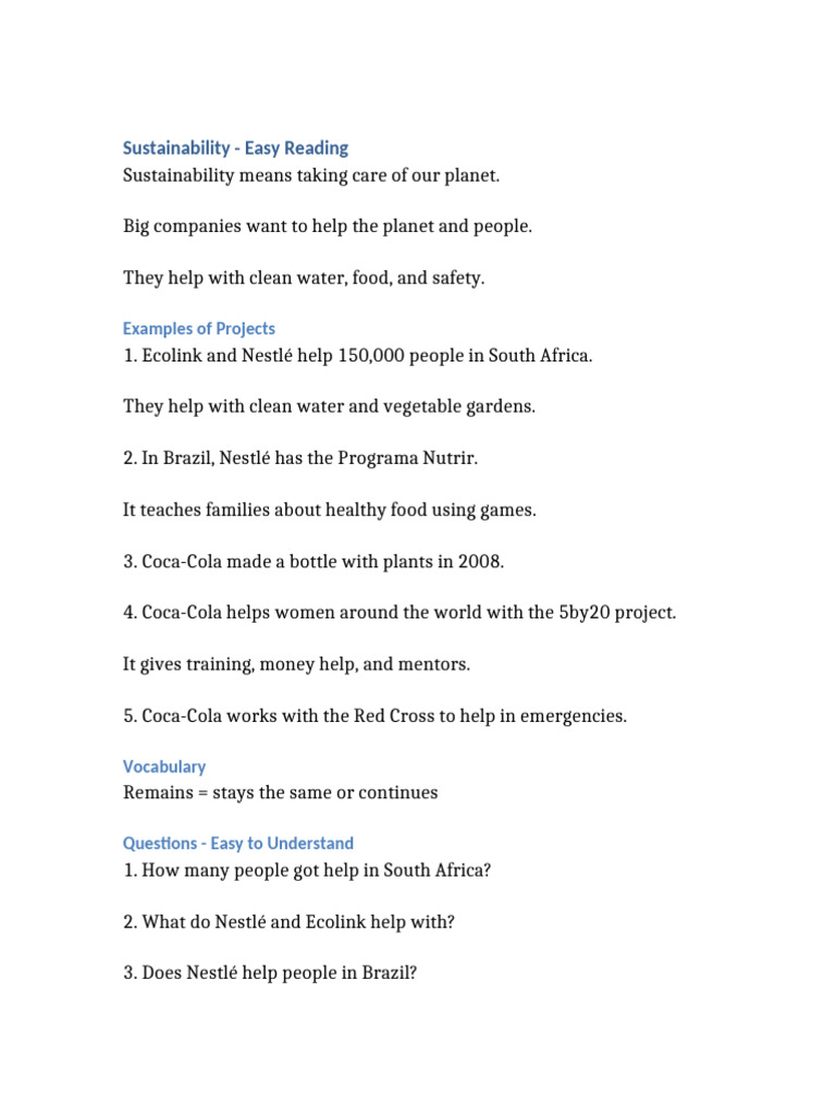 Sustainability Text Adapted TEA Level1 With Images | PDF