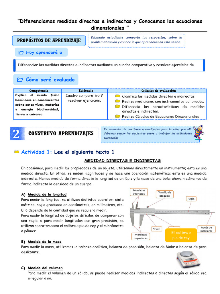 Medidas Directas e Indirectas, Ecuaciones Dimensionales 5° | PDF ...