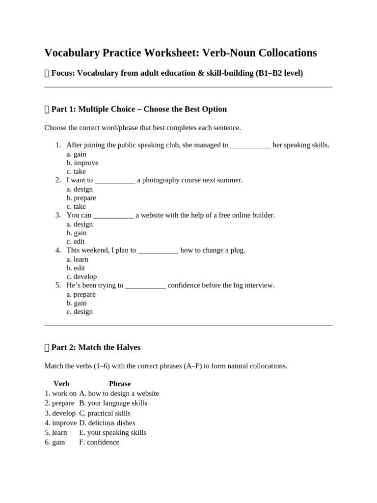 Verb-Noun Collocations Worksheet | PDF | Human Communication | Syntax
