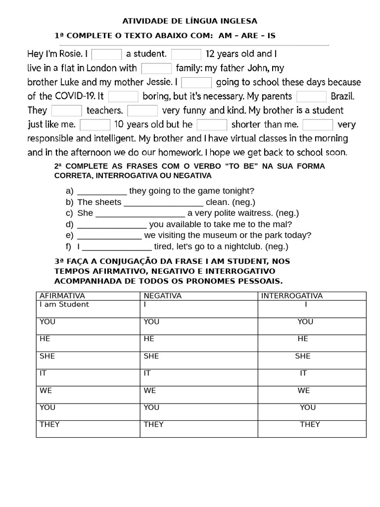 Atividade de Língua Inglesa Tobe 1 Ano | PDF