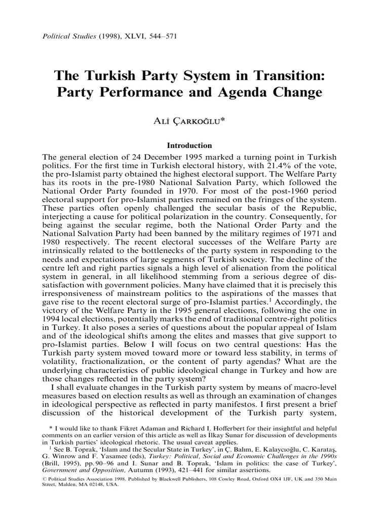 The Turkish Party System in Transition Party Performance and Agenda ...