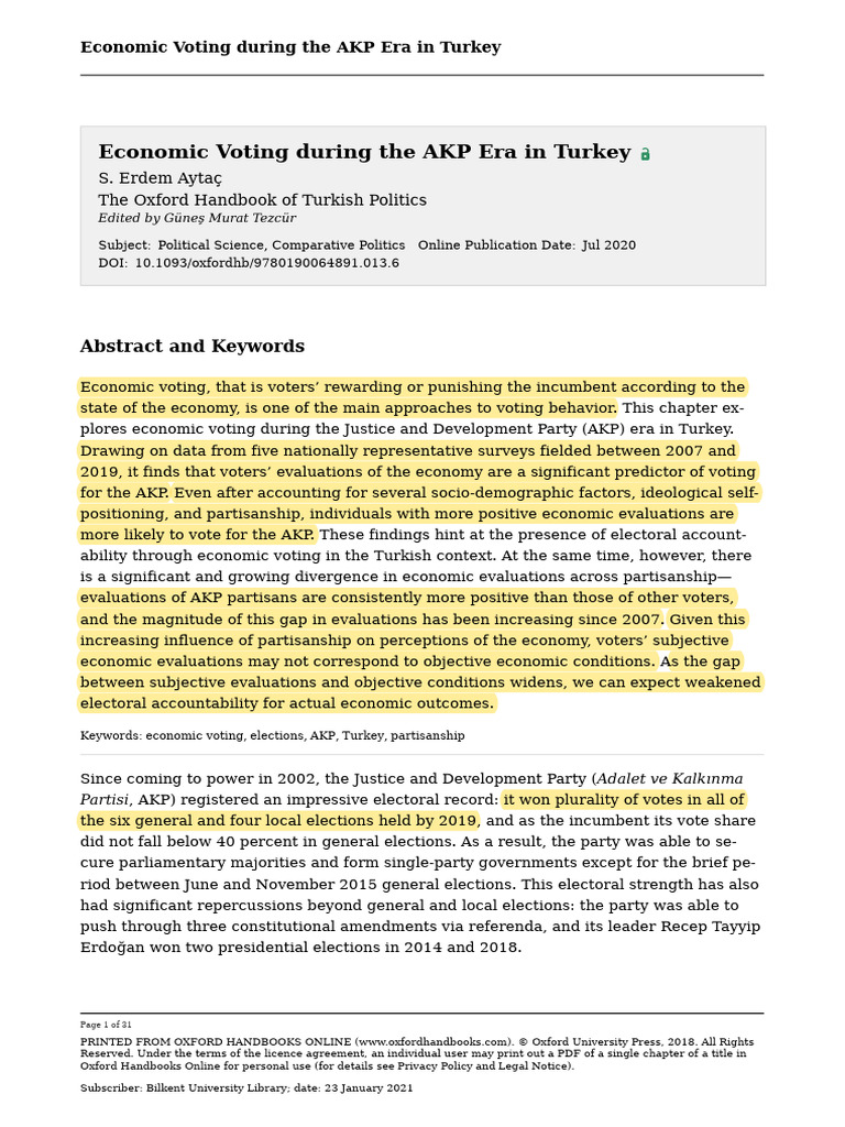 Economic Voting During The AKP Era in Turkey Aytac 2020 | PDF | Justice ...