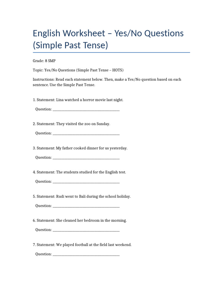 Yes/No Questions in Simple Past Tense | PDF