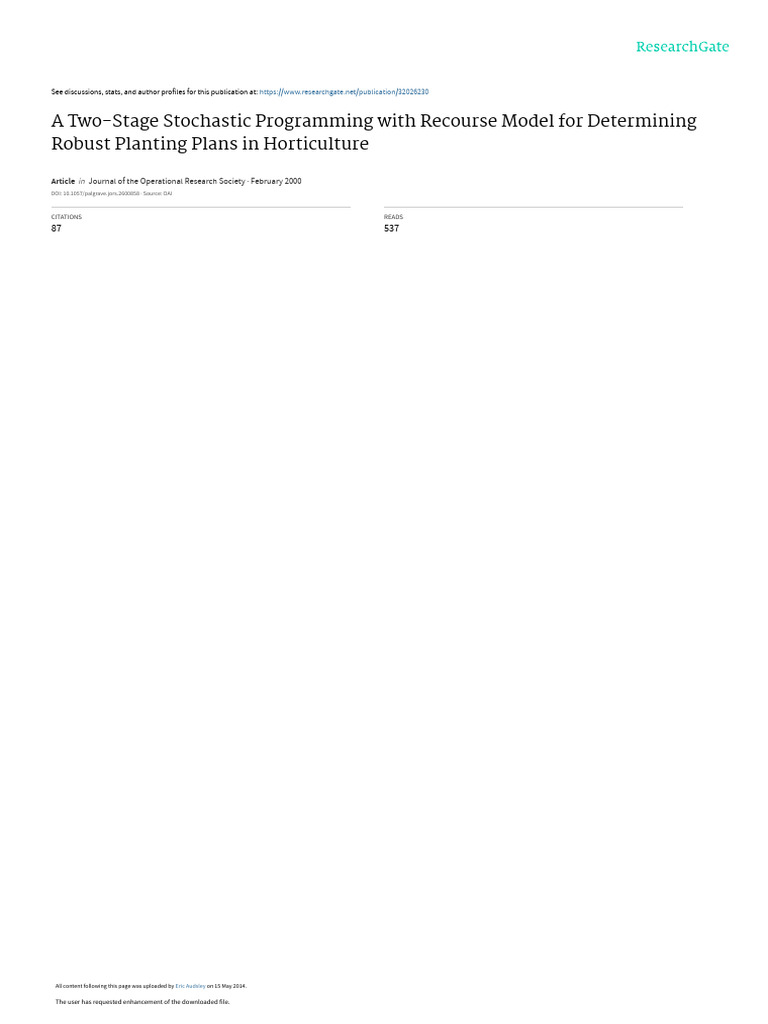 A Two Stage Stochastic Programming With Recourse Model For Determining Robust Planting Plans In