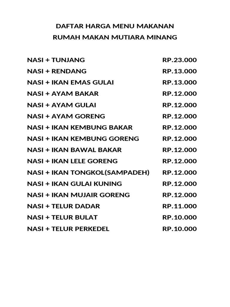 Daftar Harga Menu Makanan Mutiara Minang | PDF