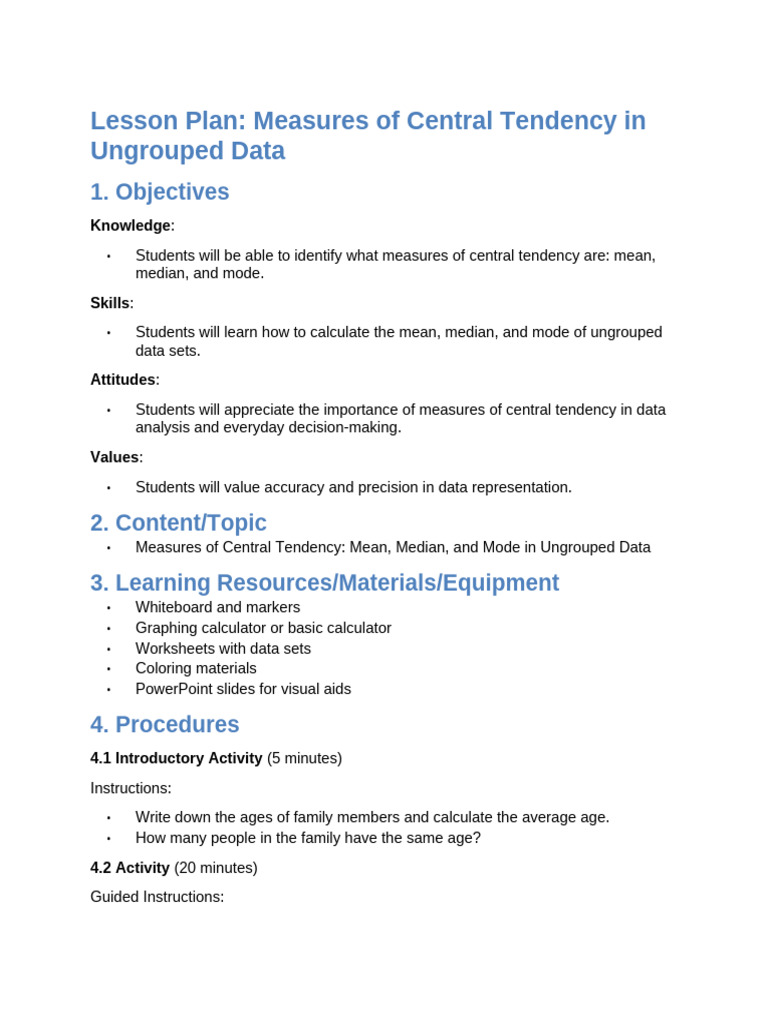 Central Tendency Lesson Plan Guide | PDF | Mean | Mode (Statistics)
