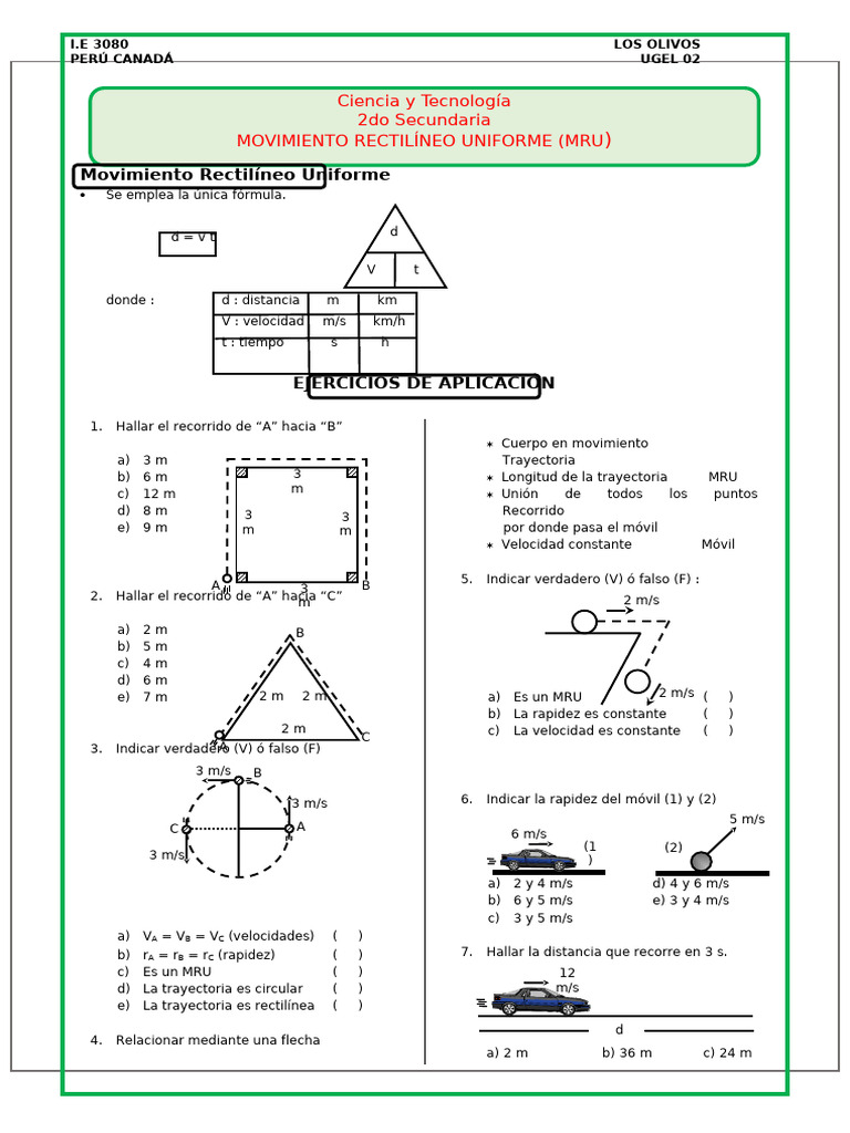 MRU para Segundo Grado SECUNDARIA | PDF | Velocidad