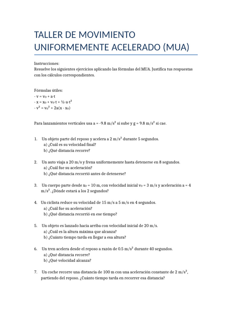Ejercicios de Movimiento Acelerado MUA | PDF