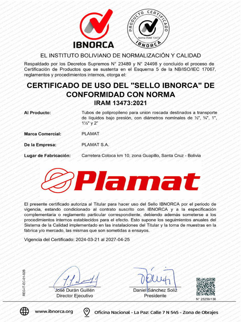 Certificado Tubo Rosca Plamat | PDF