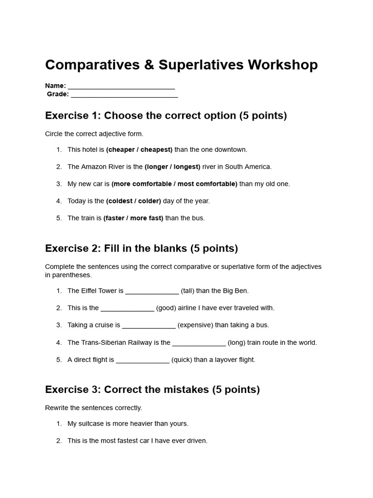Comparatives & Superlatives Workshop: Exercise 1: Choose The Correct Option (5 Points) | PDF