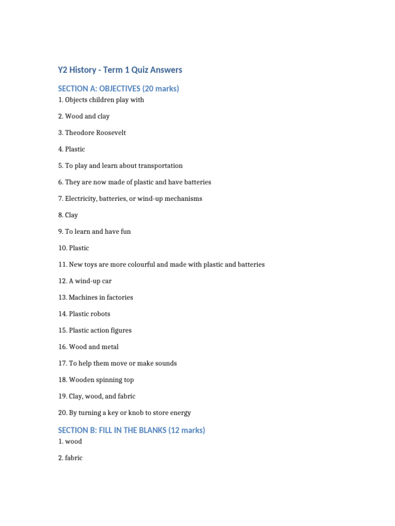 Y2 History Term1 Quiz Answers | PDF