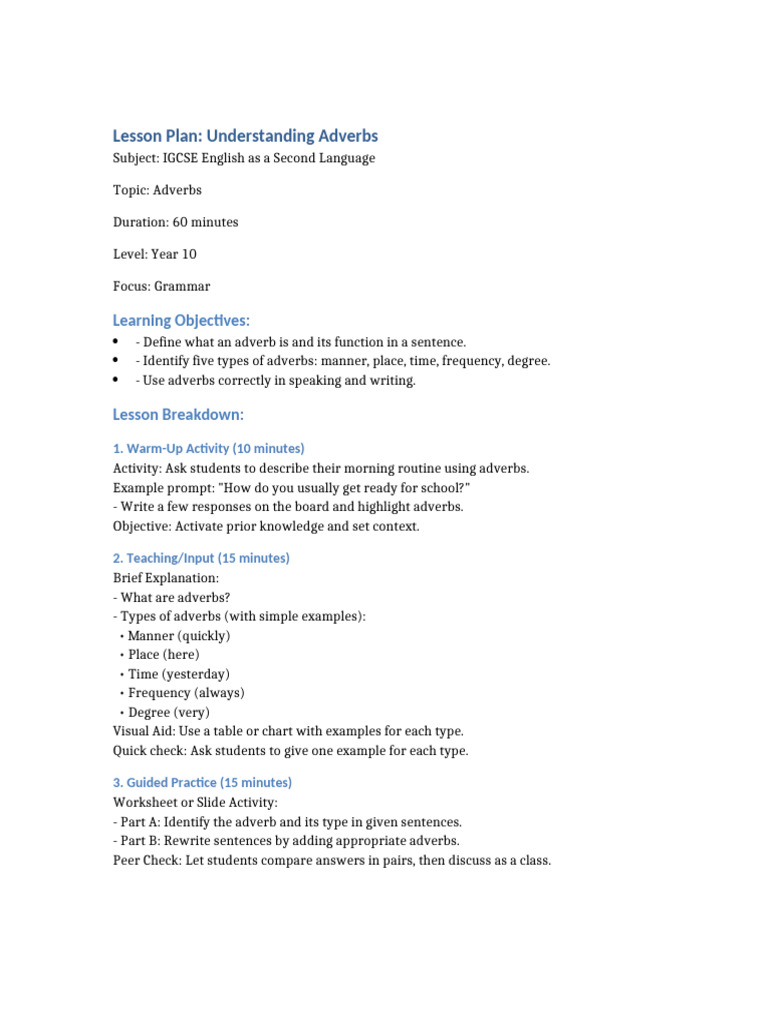 Adverb Lesson Plan for Year 10 ESL | PDF