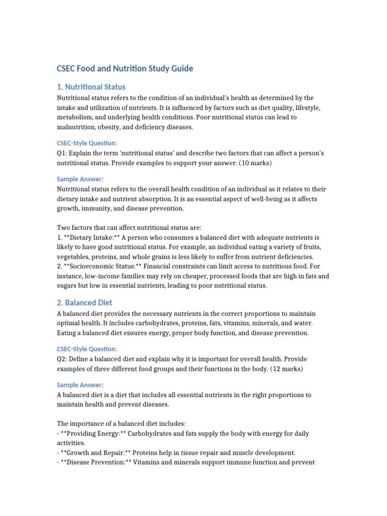 CSEC Food and Nutrition Study Guide | PDF | Nutrition | Diet & Nutrition
