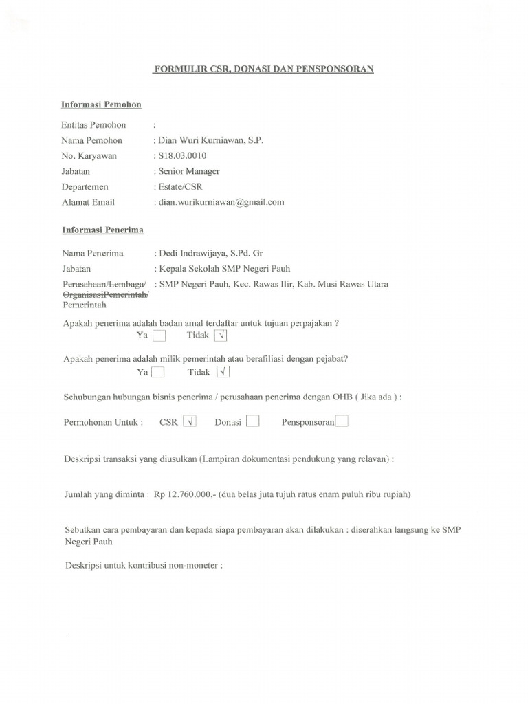 Form CSR Proposal Pembangunan Pagar SMPN Pauh | PDF