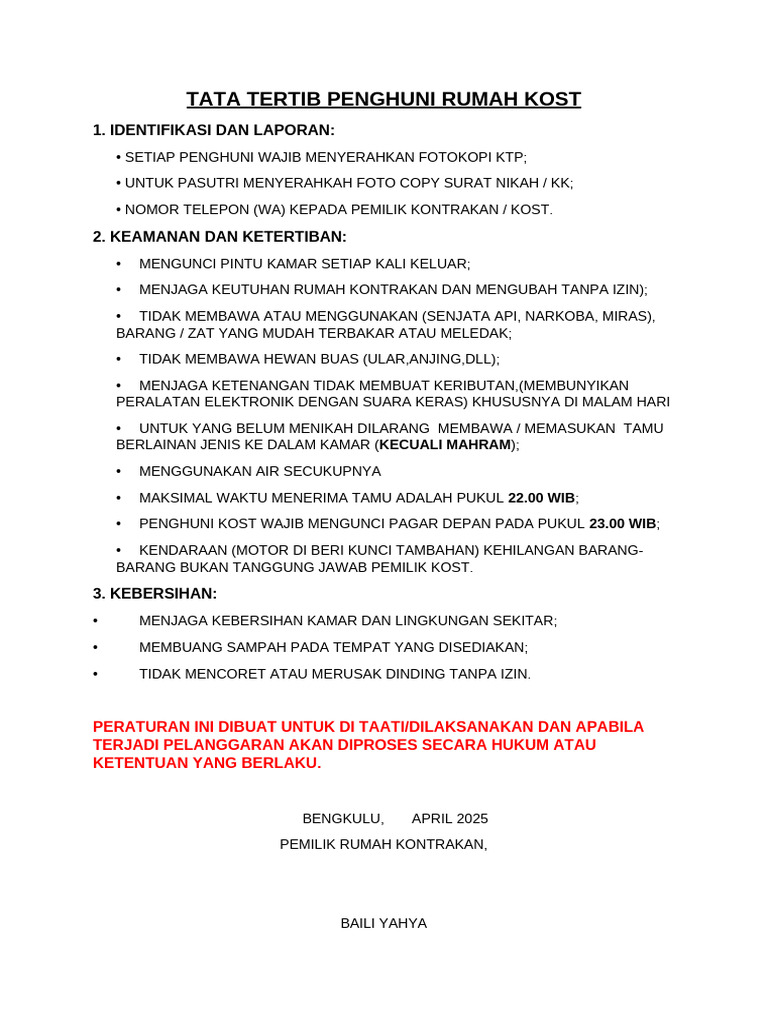 Tata Tertib Penghuni Rumah Kontrakan | PDF