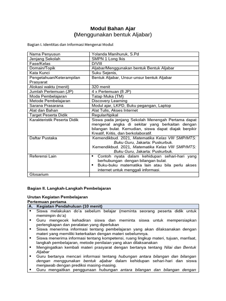 Modul Ajar Bab 1.2 Menggunakan bentuk Aljabar 8JP | PDF